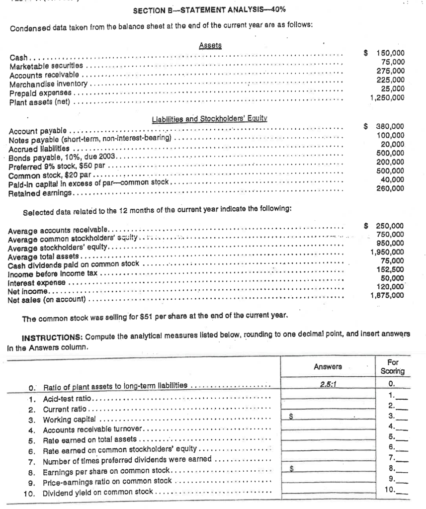 Solved SECTION B--STATEMENT ANALYSIS 40% Condensed data | Chegg.com