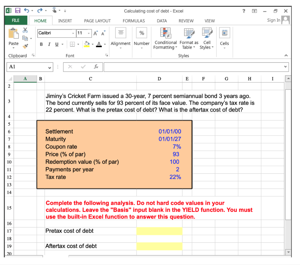 Solved Calculating cost of debt Excel HOME INSERT PAGE | Chegg.com