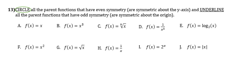 Solved 13) CIRCLE all the parent functions that have even | Chegg.com