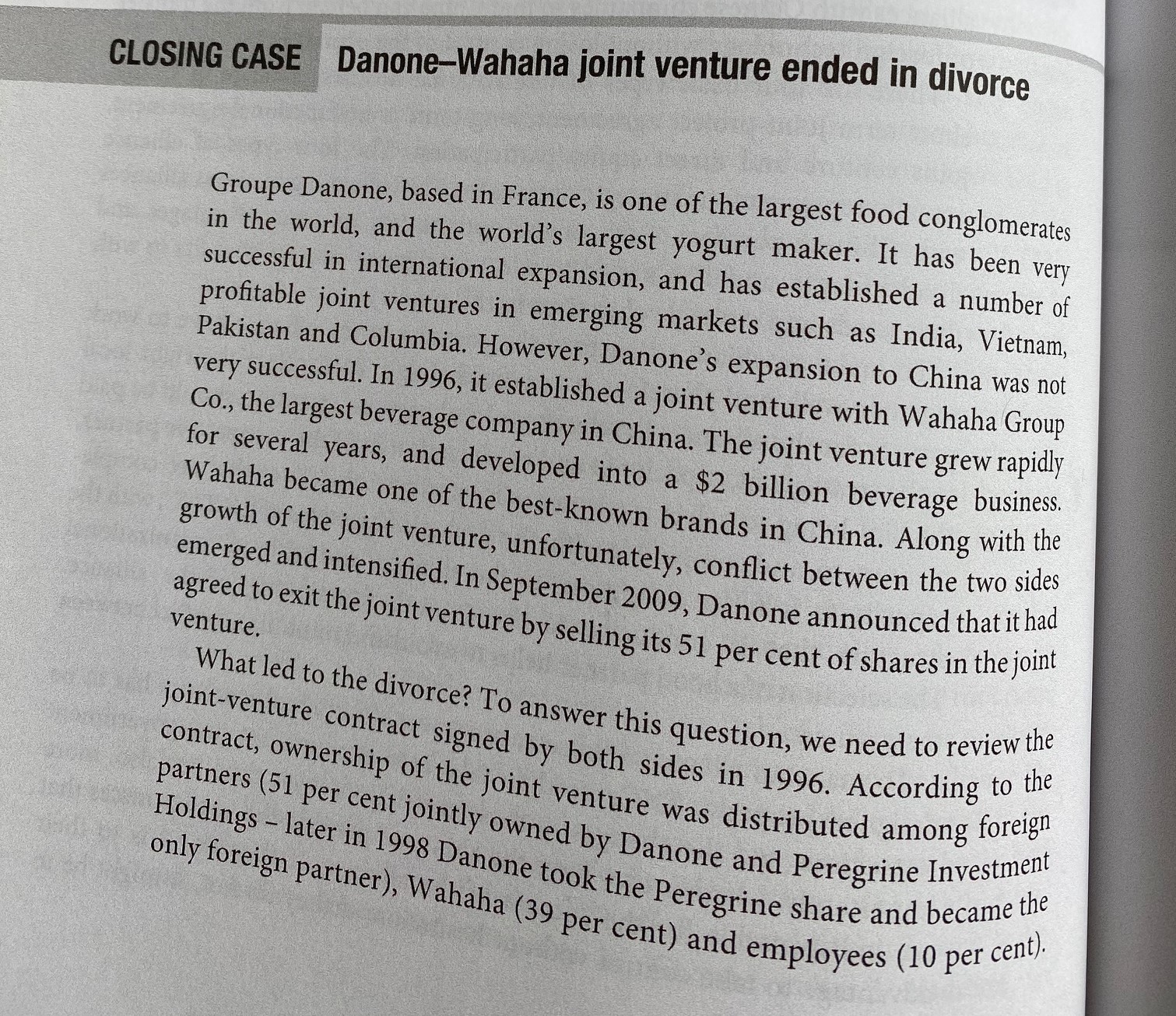 Solved Closing case: Danone-Wahaha joint venture ended in | Chegg.com