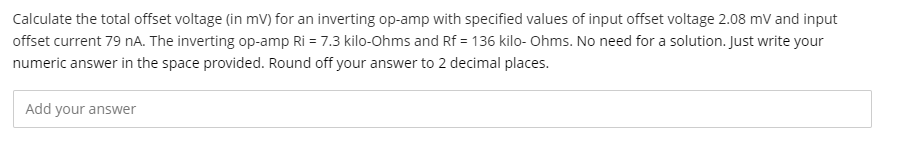 Solved Calculate the total offset voltage (in mV) for an | Chegg.com