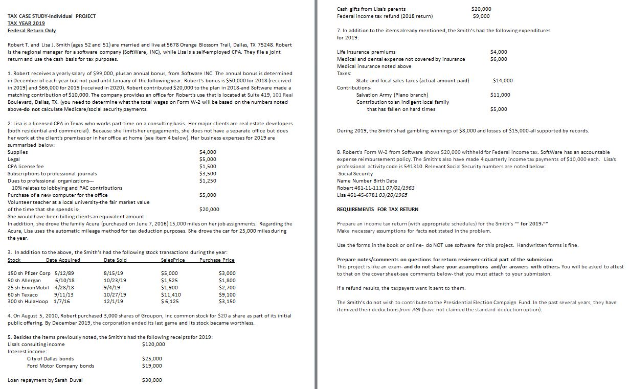 TAX CASE STUDY-Individual PROJECT TAX YEAR | Chegg.com