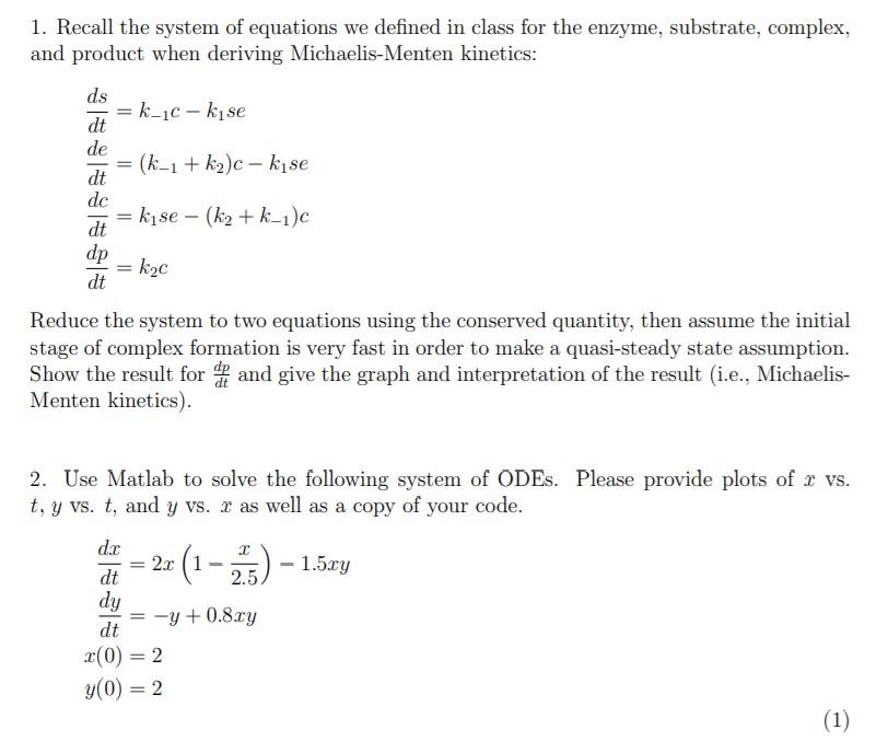 Solved 1. Recall the system of equations we defined in class | Chegg.com