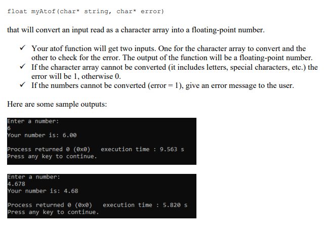 Solved float myAtof (char* string, char* error) that will | Chegg.com