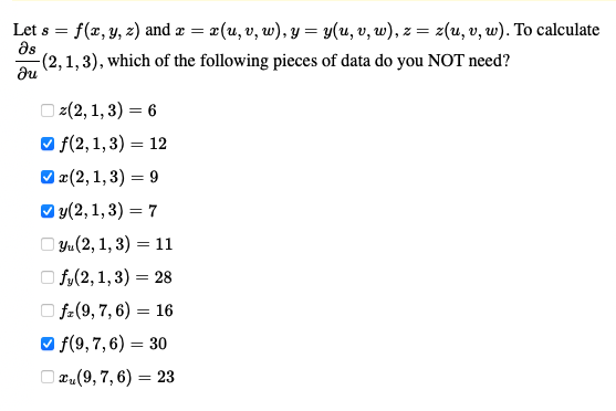 Solved Let s=f(x,y,z) and x=x(u,v,w),y=y(u,v,w),z=z(u,v,w). | Chegg.com