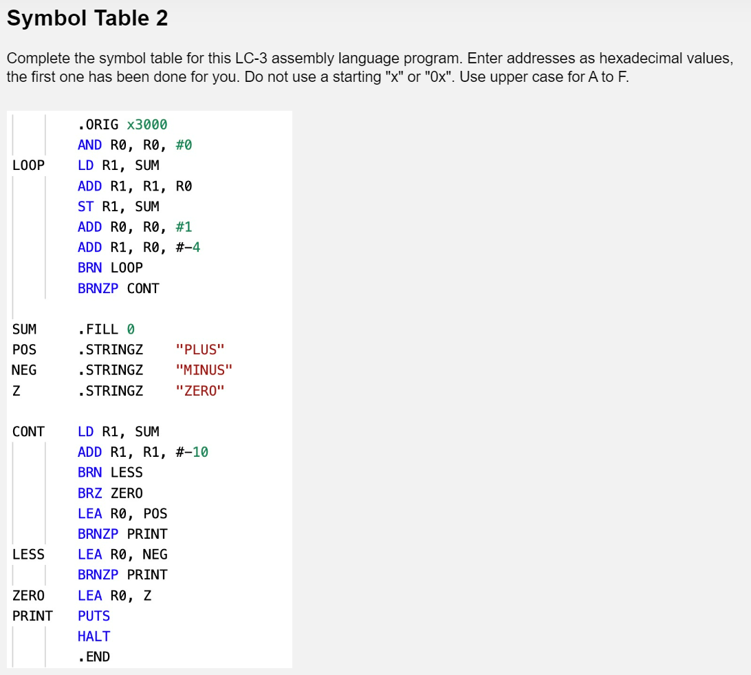 Solved Complete the symbol table for this LC-3 assembly | Chegg.com