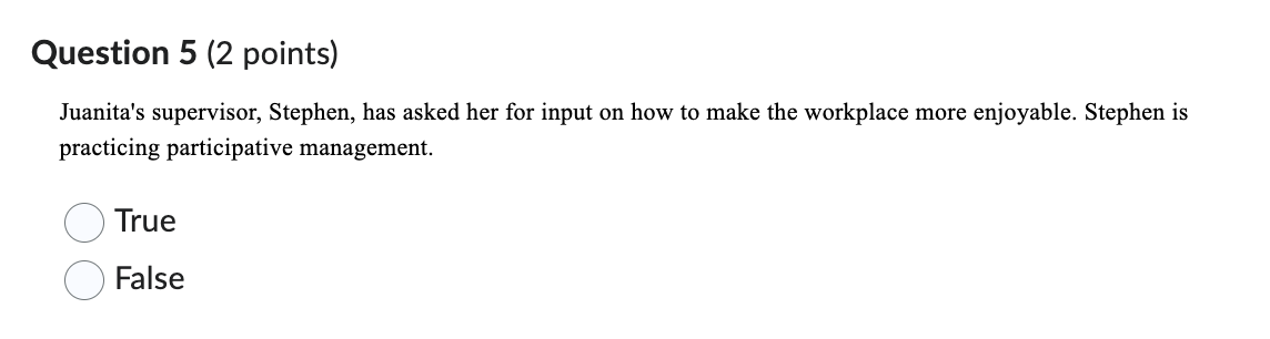 Solved Question 5 (2 ﻿points)Juanita's supervisor, Stephen, | Chegg.com