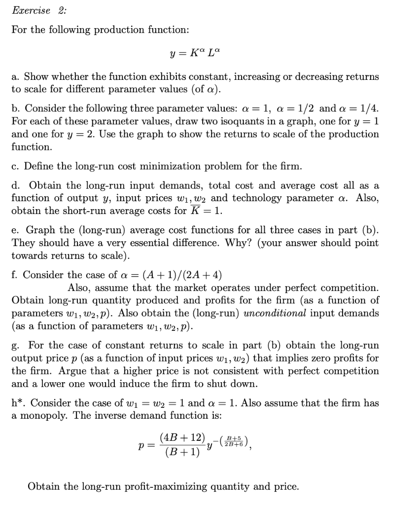 Solved Exercise 2 For The Following Production Function Y