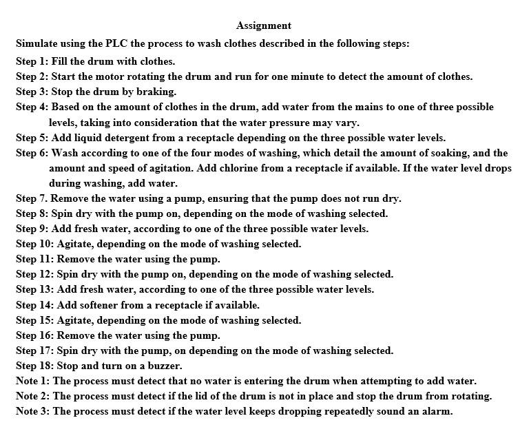 Solved Assignment Simulate using the PLC the process to wash | Chegg.com