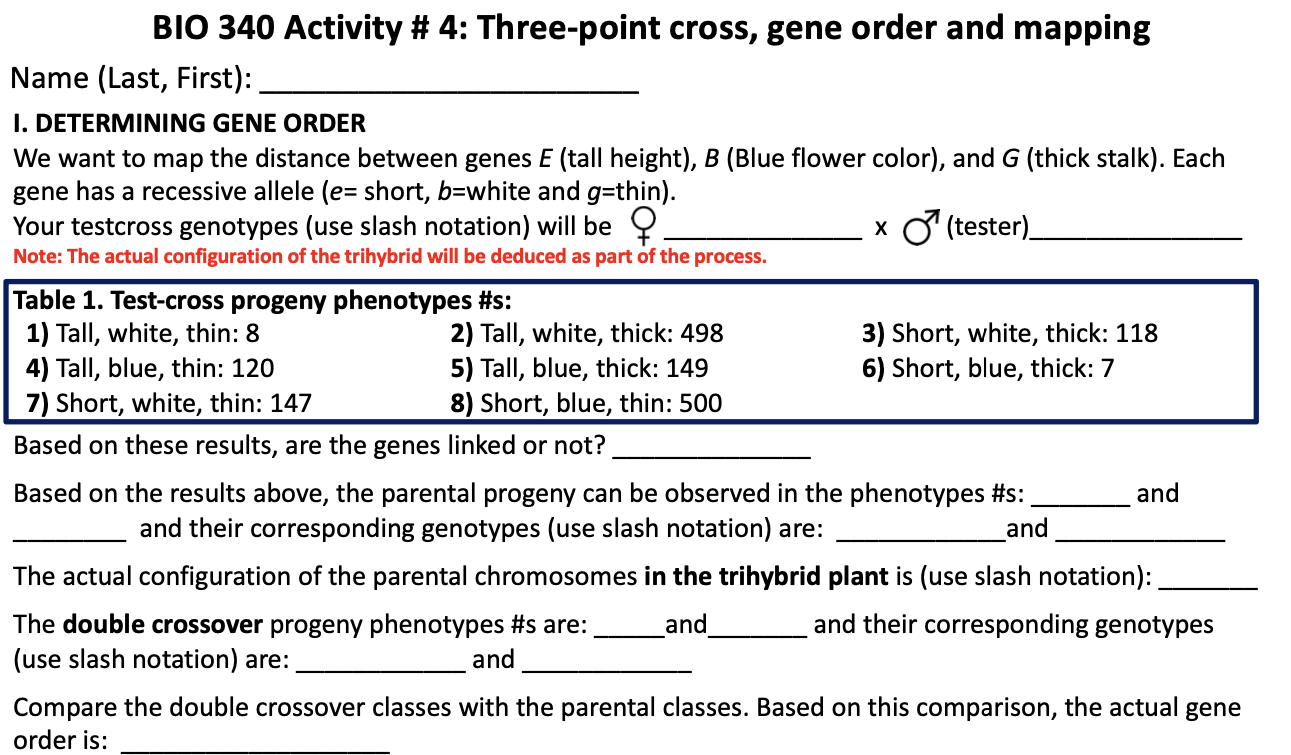 Solved BIO 340 Activity # 4: Three-point cross, gene order | Chegg.com