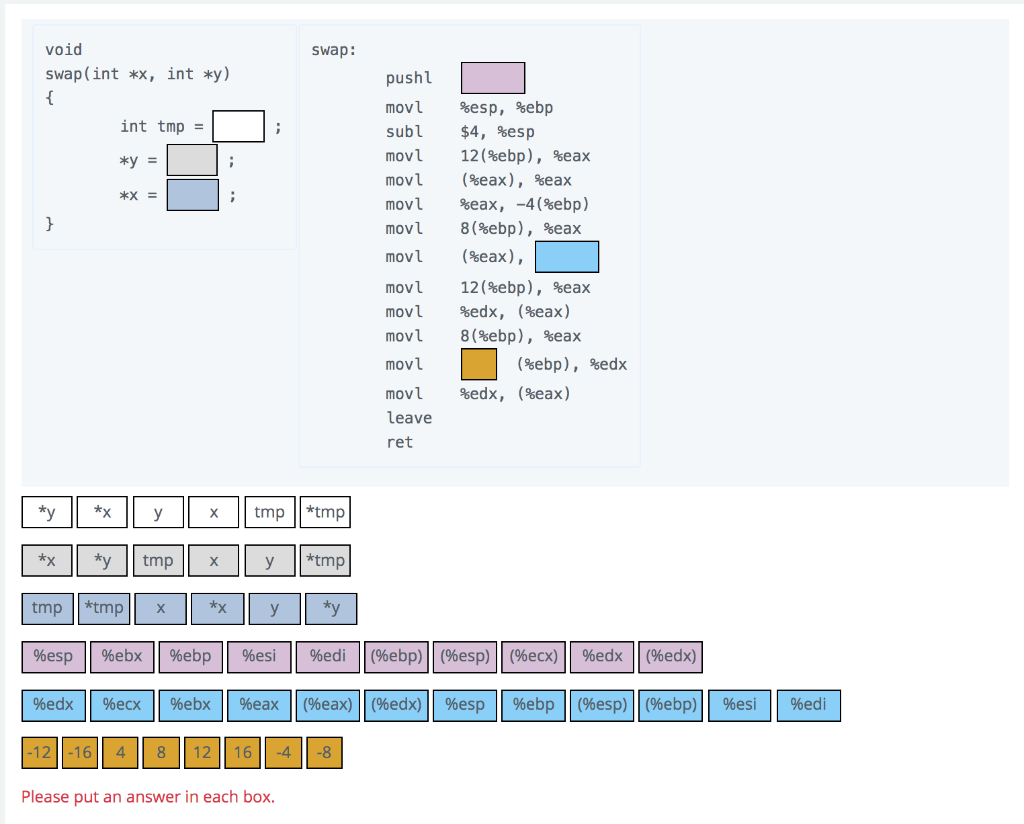 Solved void Swap: swap (int*x, int *y) pushl { movl int tmp | Chegg.com