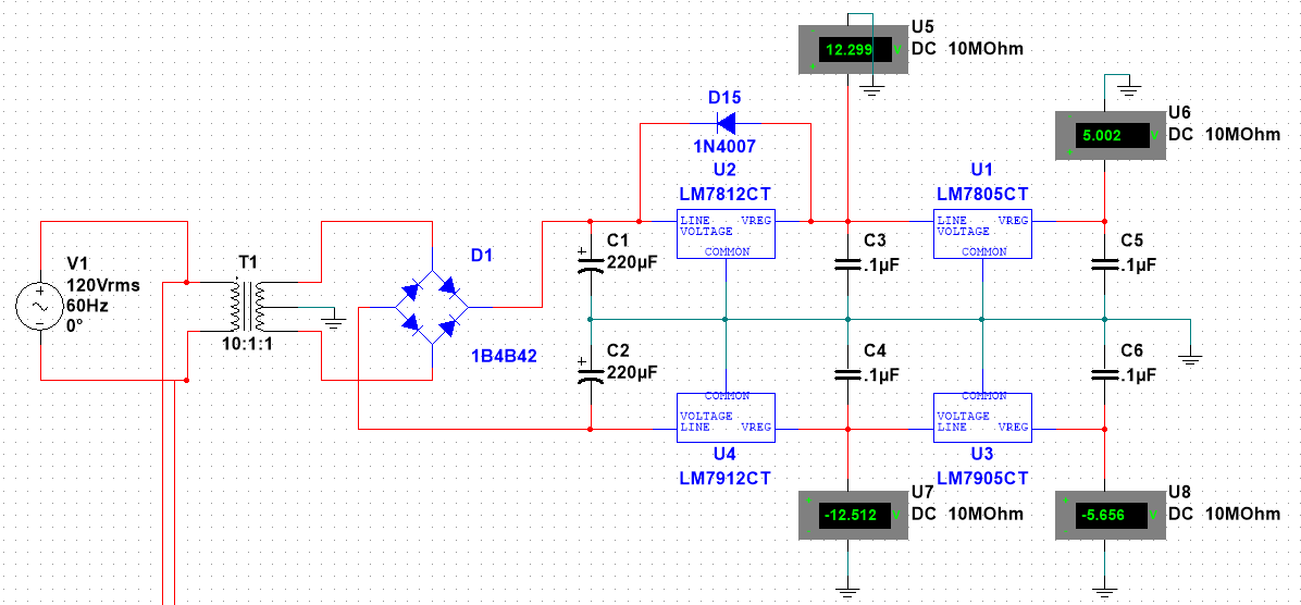Solved Design a linear (with IC's 7805/7812 & 7905/7912) | Chegg.com