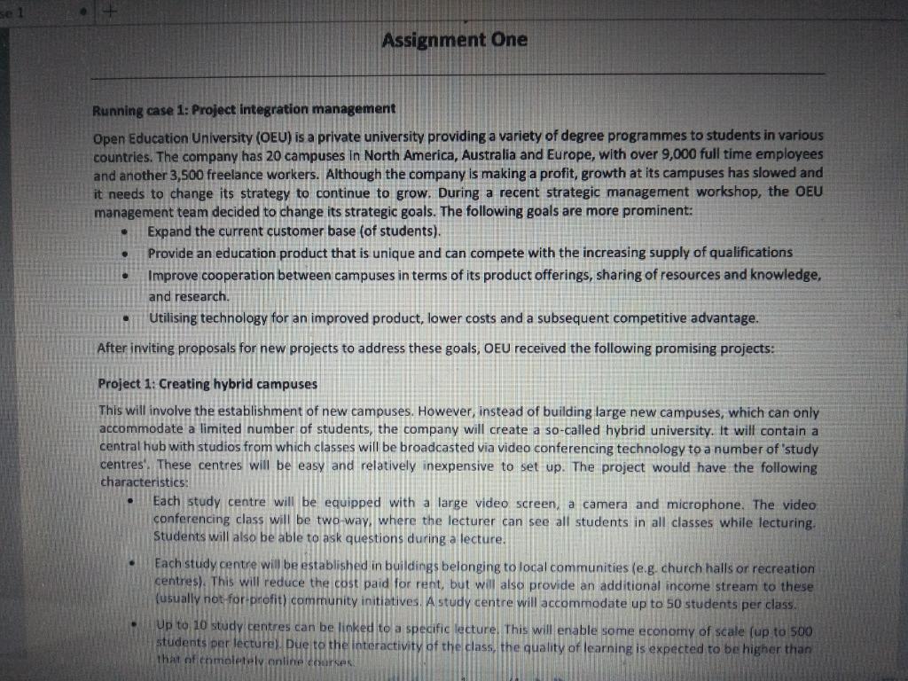 Assignment One Running case 1: Project integration | Chegg.com