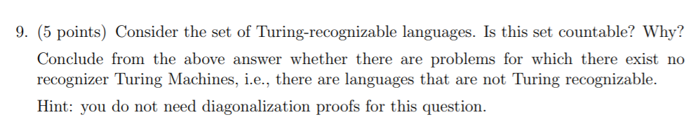 Solved 9. (5 points) Consider the set of Turing-recognizable | Chegg.com