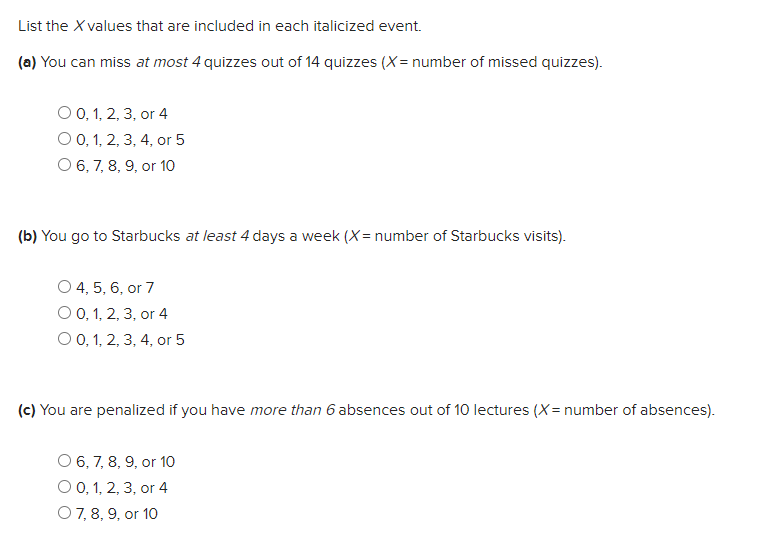 Solved List the X values that are included in each | Chegg.com