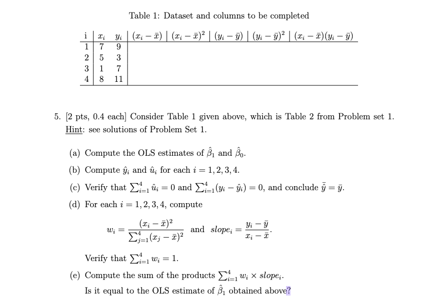 Solved Table 1: Dataset and columns to be completed 5. [2 | Chegg.com