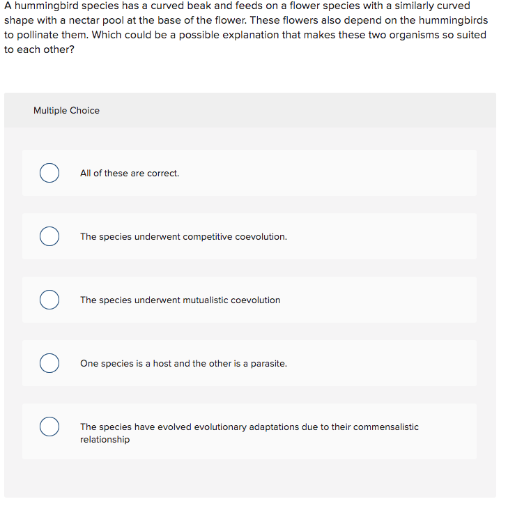 Solved A hummingbird species has a curved beak and feeds on | Chegg.com