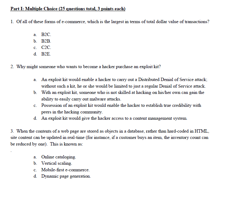 Solved Part I: Multiple Choice (25 questions total, 3 points | Chegg.com