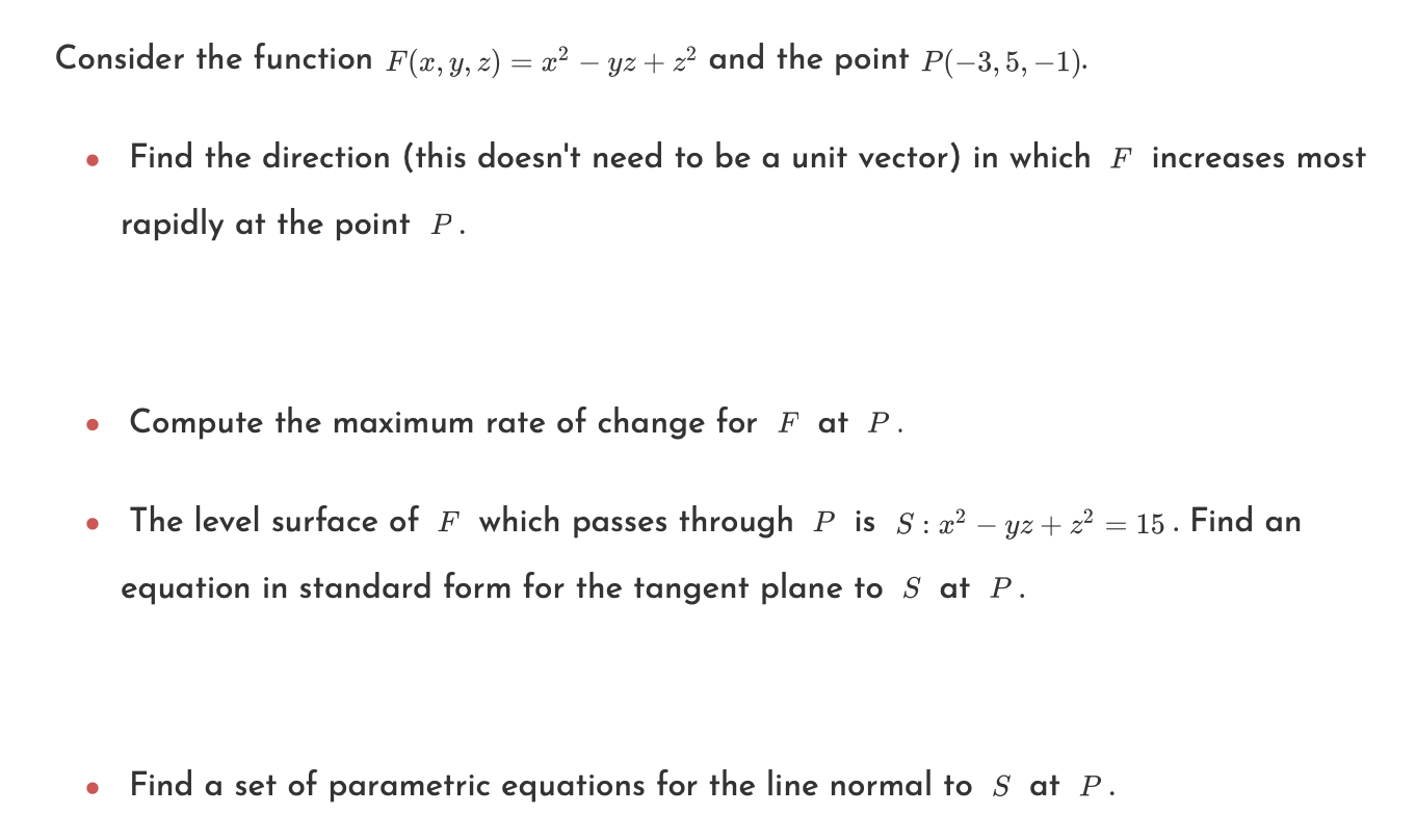 Solved Consider the function F(x, y, z) = x2 – yz + x2 and | Chegg.com