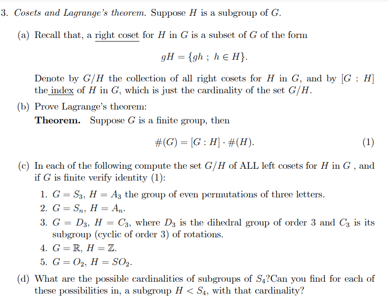 Solved 3. Cosets and Lagrange's theorem. Suppose H is a | Chegg.com