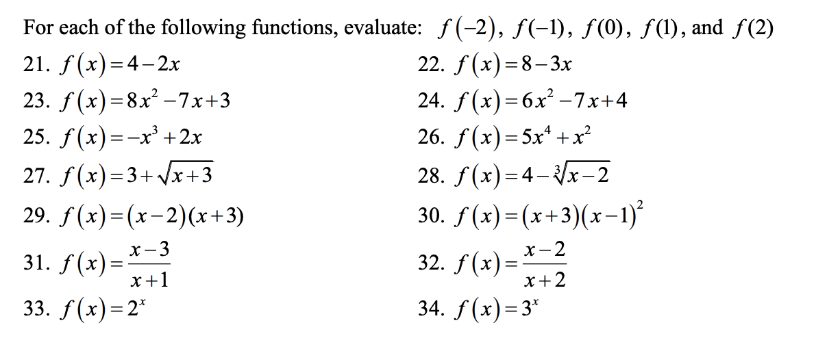 Solved For each of the following functions, evaluate: ƒ(-2), | Chegg.com