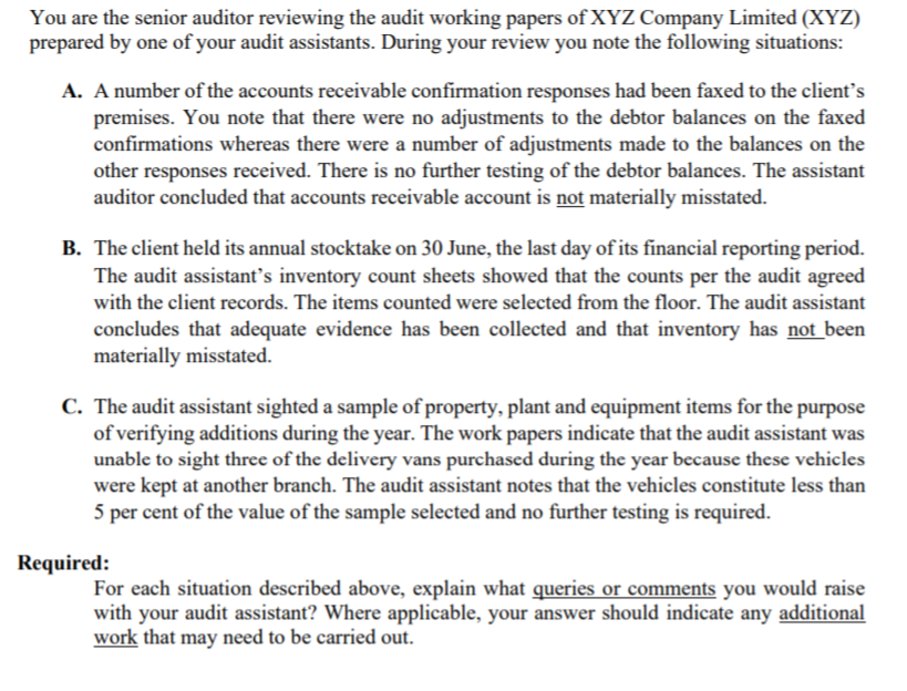 Solved You are the senior auditor reviewing the audit | Chegg.com