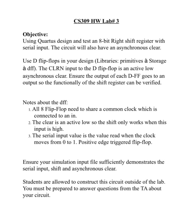 Solved CS309 HW Lab# 3 Objective: Using Quartus design and | Chegg.com