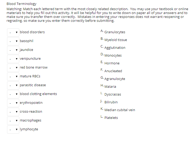 Solved Blood Terminology Matching: Match each lettered term | Chegg.com