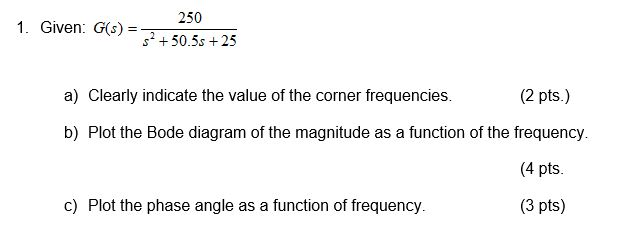 Solved 250 1. Given: G(s) = 21 52 +50.55 +25 a) Clearly | Chegg.com