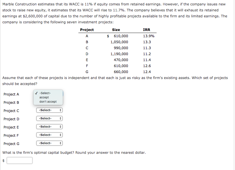 Solved > Marble Construction estimates that its WACC is 11% | Chegg.com