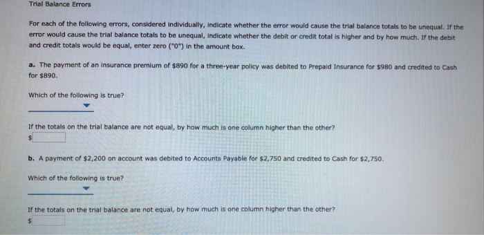 Solved Trial Balance Errors For each of the following | Chegg.com