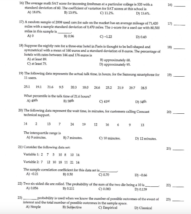 Solved 16) The average math SAT score for incoming freshınan | Chegg.com