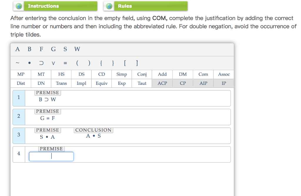 Solved Instructions Rules After entering the conclusion in | Chegg.com