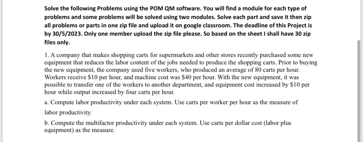 Solved Solve the following Problems using the POM QM | Chegg.com