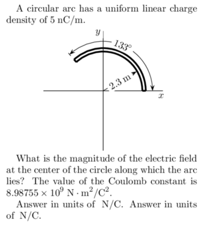 Solved A circular arc has a uniform linear charge density of | Chegg.com
