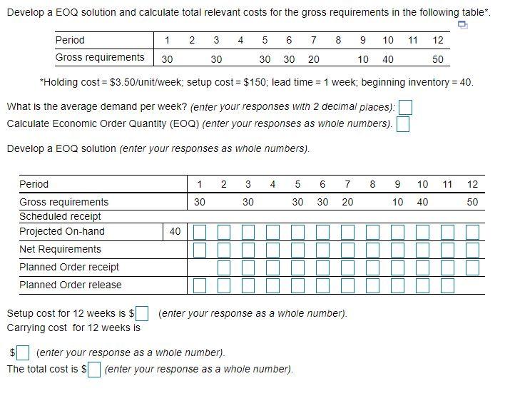 Solved Develop a EOQ solution and calculate total relevant | Chegg.com