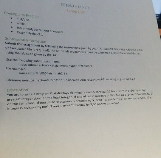 Solved CS1050 - Lab 2.1 Spring 2020 Concepts to Practice • | Chegg.com