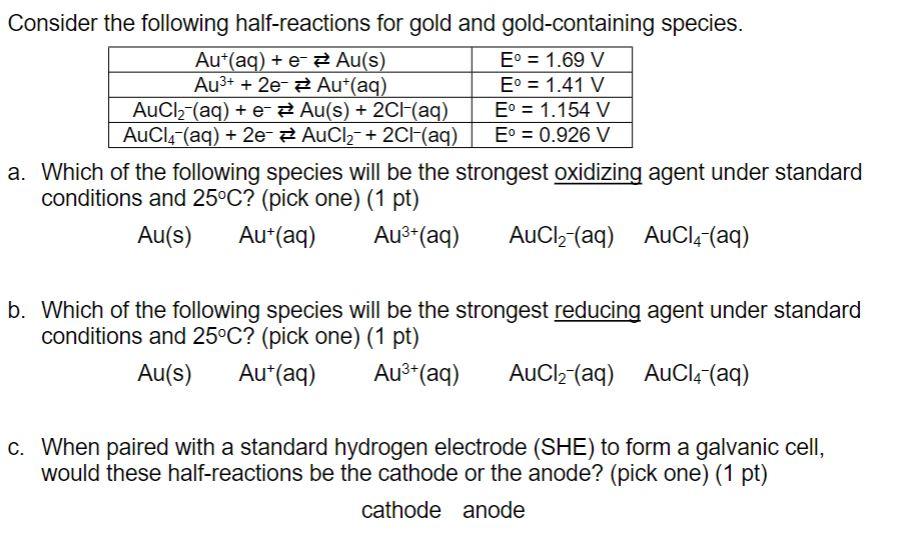 Solved Consider the following half-reactions for gold and | Chegg.com