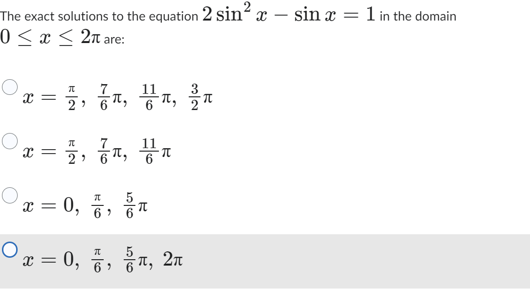 Solved The exact solutions to the equation 2sin2x-sinx=1 ﻿in | Chegg.com