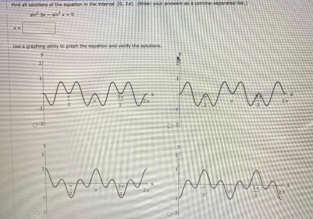 Solved sin23x−sin2x=0 x= Use a araphina utilitv to araph the | Chegg.com