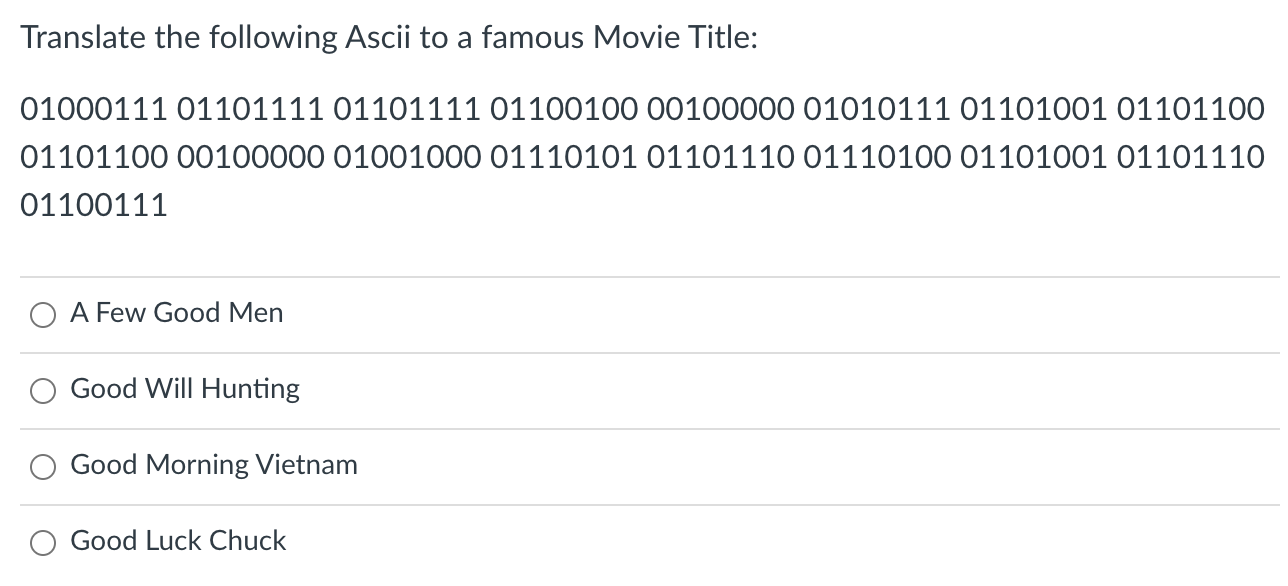 Solved Translate the following Ascii to a famous Movie | Chegg.com