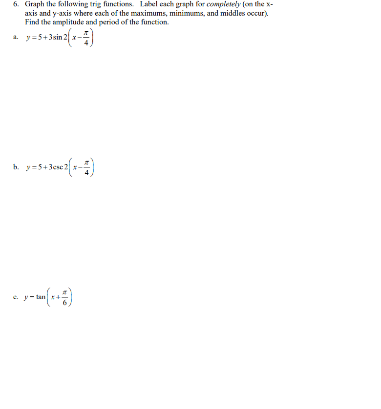 Solved 6. Graph the following trig functions. Label each | Chegg.com