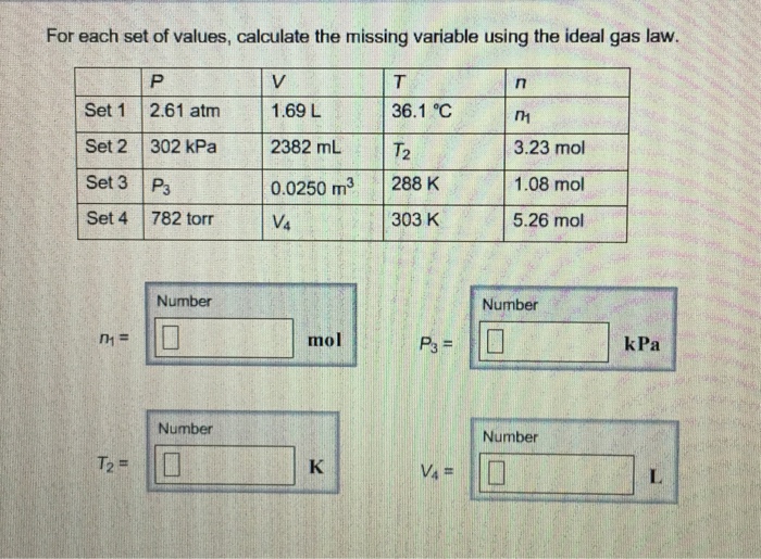 Solved For each set of values, calculate the missing | Chegg.com