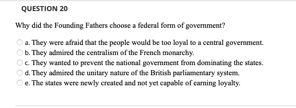 Solved QUESTION 20 Why did the Founding Fathers choose a | Chegg.com