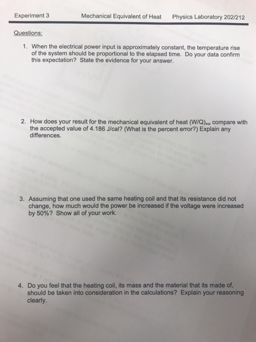 Experiment3 Mechanical Equivalent of Heat Physics | Chegg.com