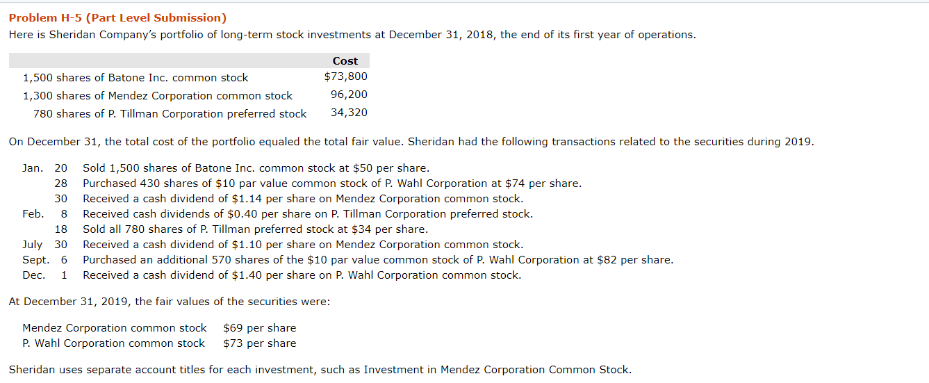 Solved Problem H-5 (Part Level Submission) Here is Sheridan | Chegg.com