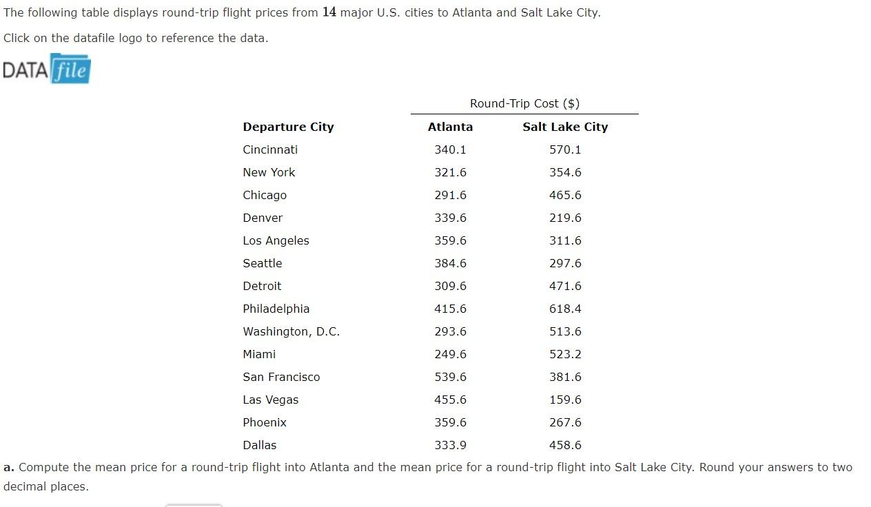 Solved The following table displays round-trip flight prices | Chegg.com