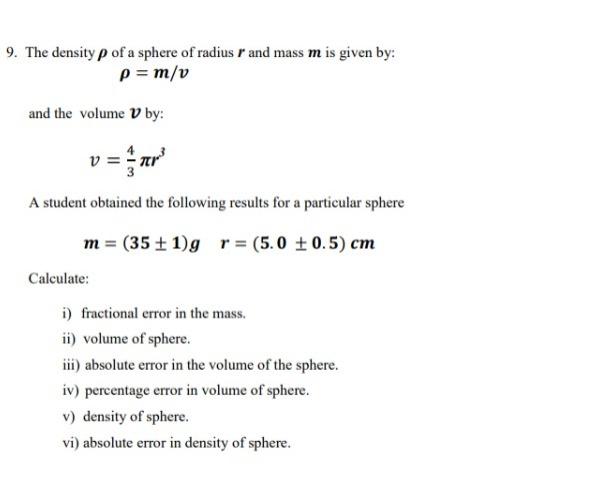 Solved 9. The density p of a sphere of radius r and mass m | Chegg.com