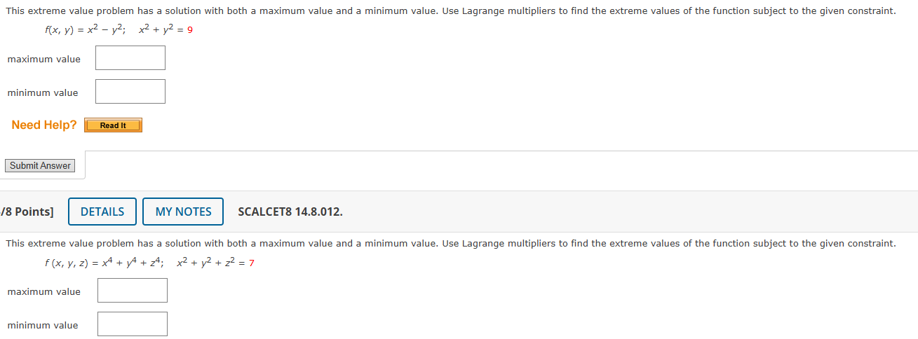 Solved This extreme value problem has a solution with both a | Chegg.com