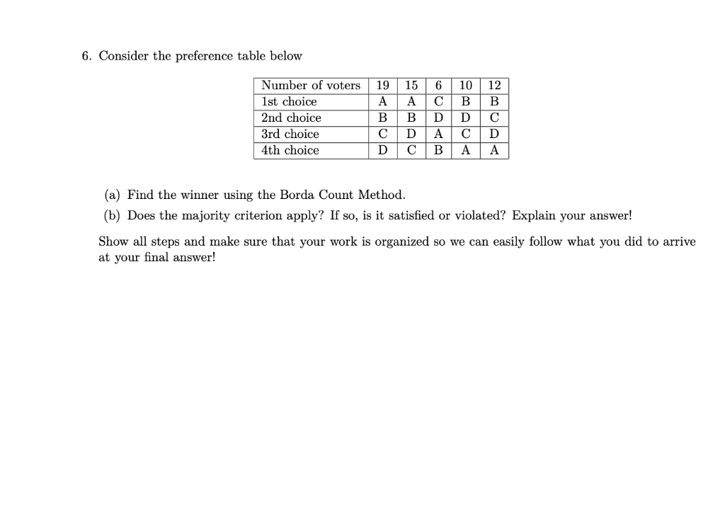 Solved 6. Consider the preference table below 6 15 A 10 B | Chegg.com